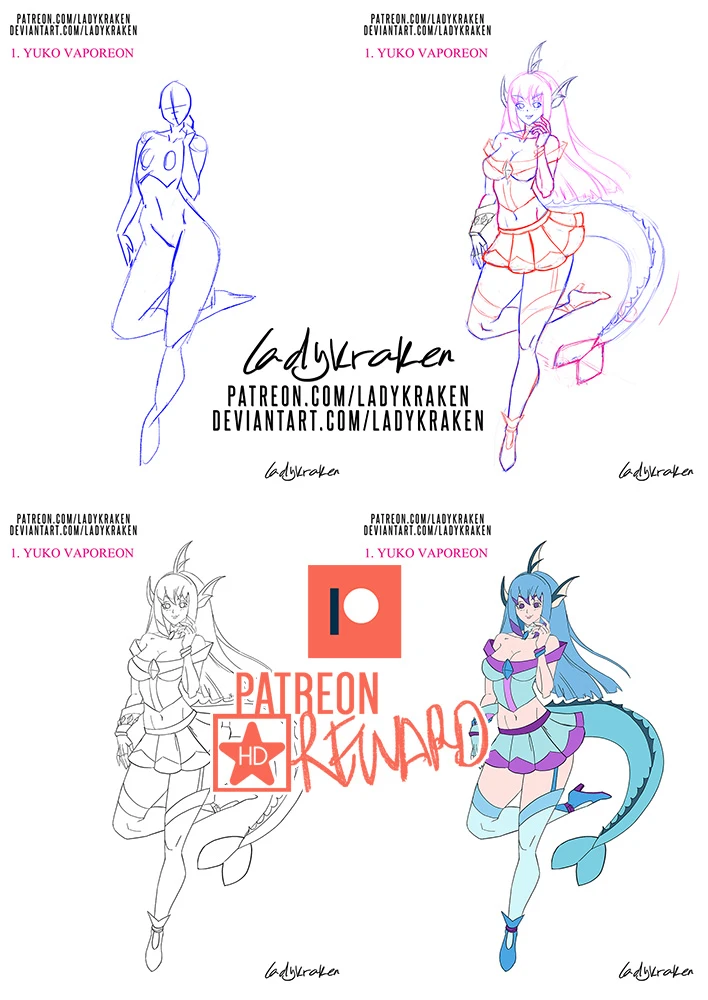 [Steps 4 pics] Yuko Vaporeon Pokegirls - Commission Sketch - by ladykraken